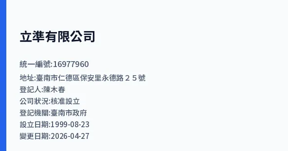 立準有限公司的照片-統編 16977960(臺南市) 公司登記資料與營業項目詳細圖表