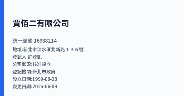 賈佰二有限公司的照片-統編 16988214(新北市) 公司登記資料與營業項目詳細圖表