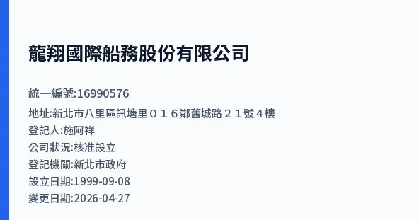 龍翔國際船務股份有限公司的照片-統編 16990576(新北市) 公司登記資料與營業項目詳細圖表