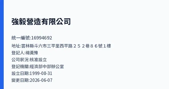 強毅營造有限公司的照片-統編 16994692(雲林縣) 公司登記資料與營業項目詳細圖表