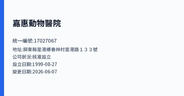 嘉惠動物醫院的照片-統編 17027067(屏東縣) 公司登記資料與營業項目詳細圖表