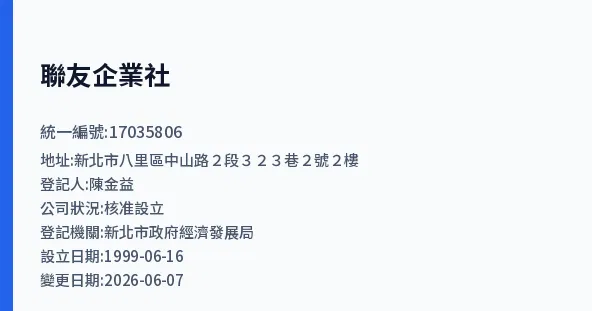 聯友企業社的照片-統編 17035806(新北市) 公司登記資料與營業項目詳細圖表