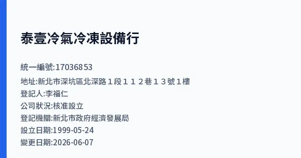 泰壹冷氣冷凍設備行的照片-統編 17036853(新北市) 公司登記資料與營業項目詳細圖表