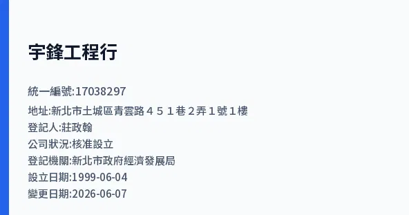 宇鋒工程行的照片-統編 17038297(新北市) 公司登記資料與營業項目詳細圖表