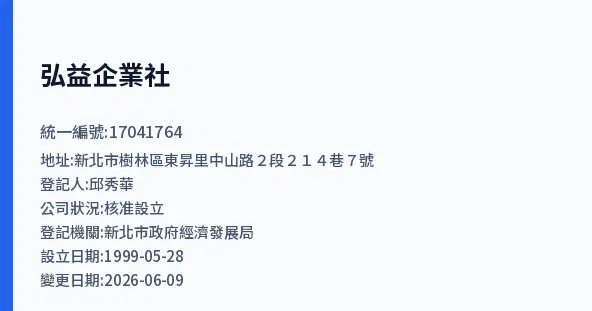 弘益企業社的照片-統編 17041764(新北市) 公司登記資料與營業項目詳細圖表