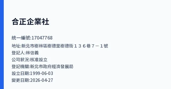 合正企業社的照片-統編 17047768(新北市) 公司登記資料與營業項目詳細圖表