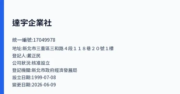 達宇企業社的照片-統編 17049978(新北市) 公司登記資料與營業項目詳細圖表