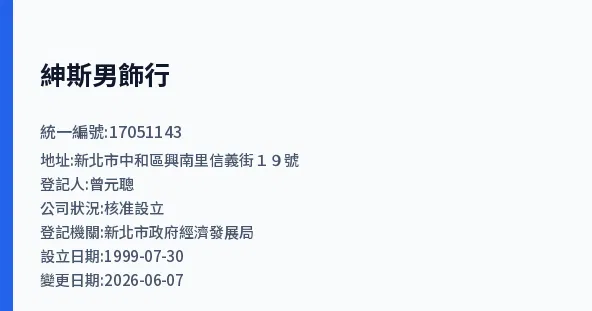 紳斯男飾行的照片-統編 17051143(新北市) 公司登記資料與營業項目詳細圖表