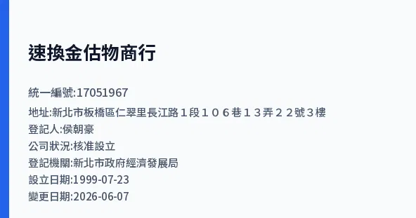 速換金估物商行的照片-統編 17051967(新北市) 公司登記資料與營業項目詳細圖表