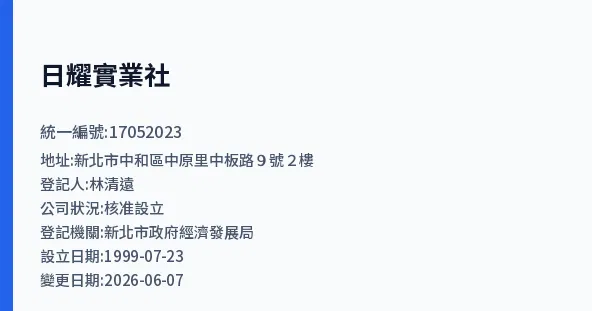 日耀實業社的照片-統編 17052023(新北市) 公司登記資料與營業項目詳細圖表