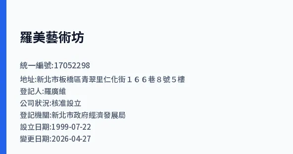 羅美藝術坊的照片-統編 17052298(新北市) 公司登記資料與營業項目詳細圖表