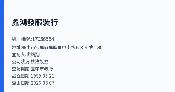 鑫鴻發服裝行的照片-統編 17056554(臺中市) 公司登記資料與營業項目詳細圖表