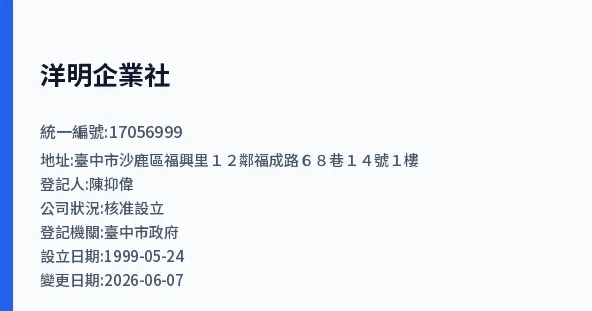 洋明企業社的照片-統編 17056999(臺中市) 公司登記資料與營業項目詳細圖表