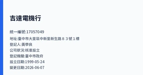 吉達電機行的照片-統編 17057049(臺中市) 公司登記資料與營業項目詳細圖表