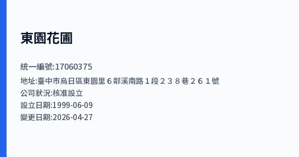 東園花圃的照片-統編 17060375(臺中市) 公司登記資料與營業項目詳細圖表