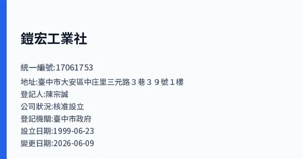 鎧宏工業社的照片-統編 17061753(臺中市) 公司登記資料與營業項目詳細圖表