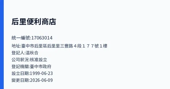 后里便利商店的照片-統編 17063014(臺中市) 公司登記資料與營業項目詳細圖表