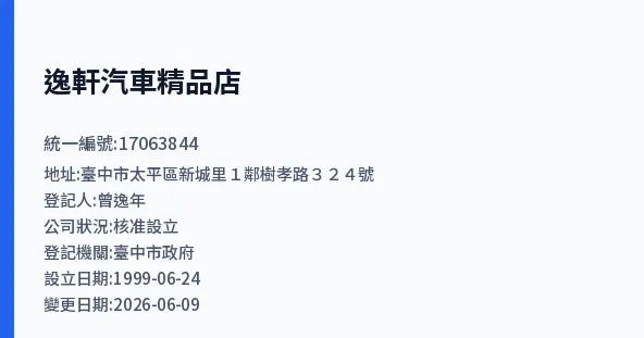 逸軒汽車精品店的照片-統編 17063844(臺中市) 公司登記資料與營業項目詳細圖表