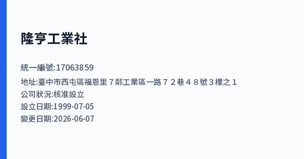 隆亨工業社的照片-統編 17063859(臺中市) 公司登記資料與營業項目詳細圖表
