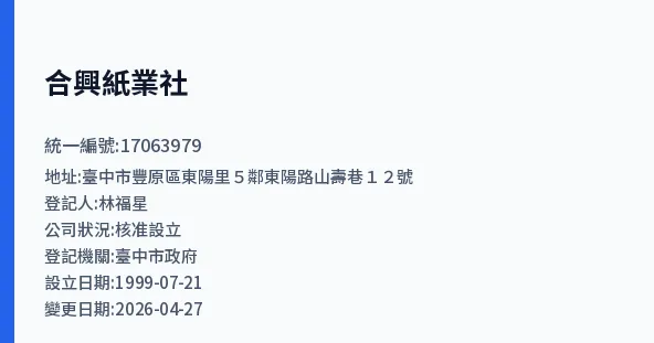 合興紙業社的照片-統編 17063979(臺中市) 公司登記資料與營業項目詳細圖表
