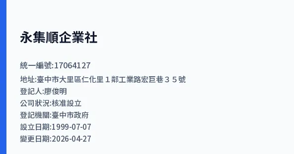 永集順企業社的照片-統編 17064127(臺中市) 公司登記資料與營業項目詳細圖表