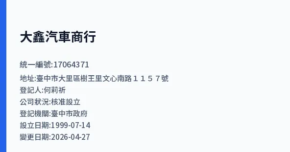 大鑫汽車商行的照片-統編 17064371(臺中市) 公司登記資料與營業項目詳細圖表