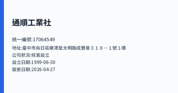 通順工業社的照片-統編 17064549(臺中市) 公司登記資料與營業項目詳細圖表