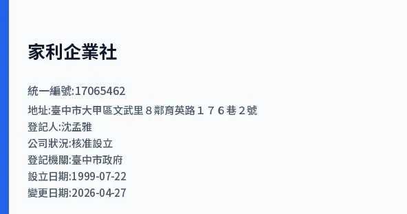 家利企業社的照片-統編 17065462(臺中市) 公司登記資料與營業項目詳細圖表