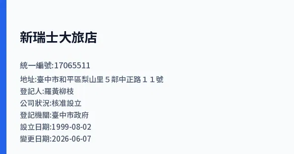 新瑞士大旅店的照片-統編 17065511(臺中市) 公司登記資料與營業項目詳細圖表