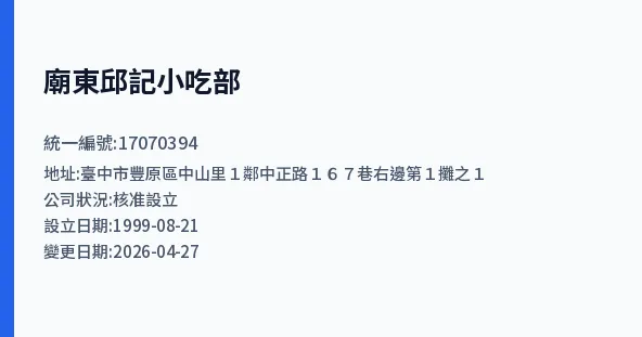 廟東邱記小吃部的照片-統編 17070394(臺中市) 公司登記資料與營業項目詳細圖表