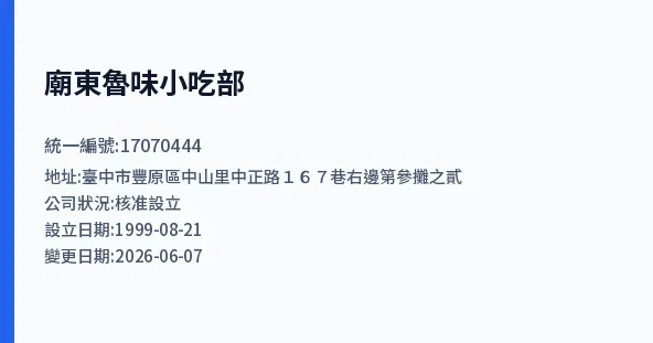廟東魯味小吃部的照片-統編 17070444(臺中市) 公司登記資料與營業項目詳細圖表