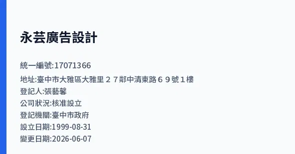 永芸廣告設計的照片-統編 17071366(臺中市) 公司登記資料與營業項目詳細圖表