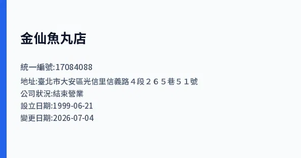 金仙魚丸店的照片-統編 17084088(臺北市) 公司登記資料與營業項目詳細圖表