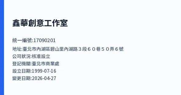 鑫華創意工作室的照片-統編 17090201(臺北市) 公司登記資料與營業項目詳細圖表