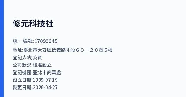 修元科技社的照片-統編 17090645(臺北市) 公司登記資料與營業項目詳細圖表