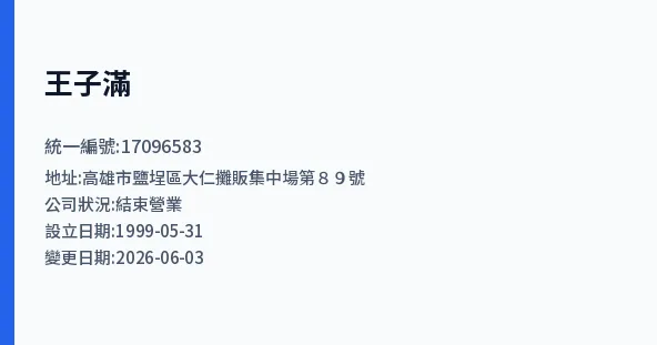 王子滿的照片-統編 17096583(高雄市) 公司登記資料與營業項目詳細圖表