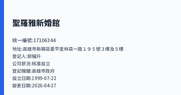 聖羅雅新婚館的照片-統編 17106344(高雄市) 公司登記資料與營業項目詳細圖表