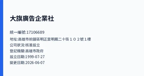 大旗廣告企業社的照片-統編 17106689(高雄市) 公司登記資料與營業項目詳細圖表