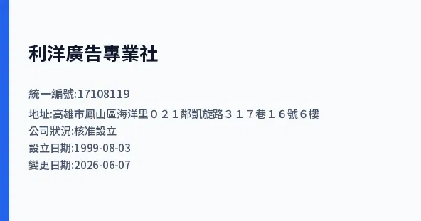 利洋廣告專業社的照片-統編 17108119(高雄市) 公司登記資料與營業項目詳細圖表