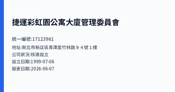 捷運彩虹園公寓大廈管理委員會的照片-統編 17123961(新北市) 公司登記資料與營業項目詳細圖表