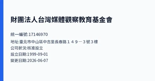 財團法人台灣媒體觀察教育基金會的照片-統編 17146970(臺北市) 公司登記資料與營業項目詳細圖表