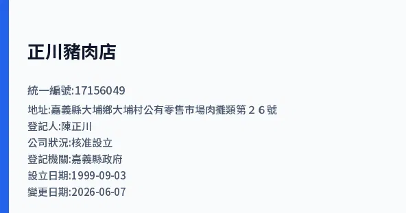 正川豬肉店的照片-統編 17156049(嘉義縣) 公司登記資料與營業項目詳細圖表