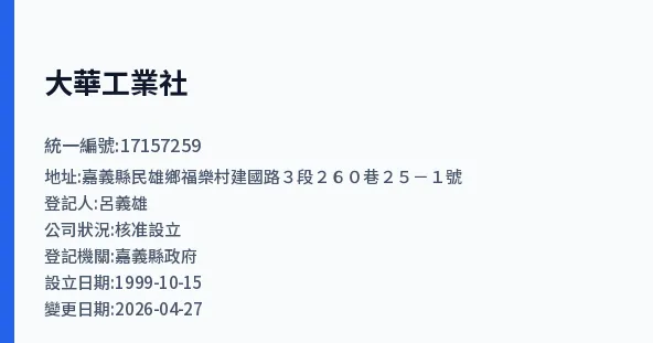 大華工業社的照片-統編 17157259(嘉義縣) 公司登記資料與營業項目詳細圖表