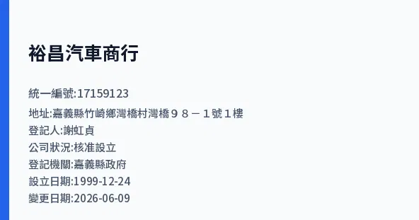 裕昌汽車商行的照片-統編 17159123(嘉義縣) 公司登記資料與營業項目詳細圖表