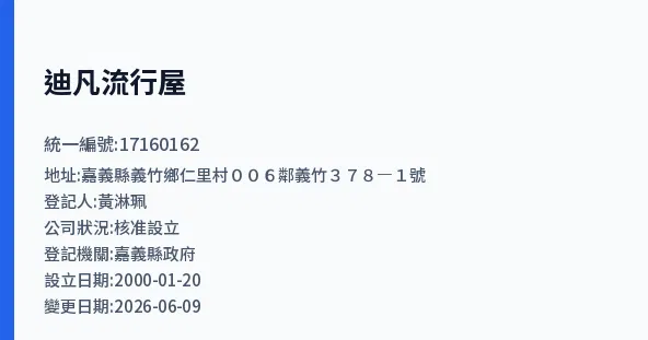 迪凡流行屋的照片-統編 17160162(嘉義縣) 公司登記資料與營業項目詳細圖表