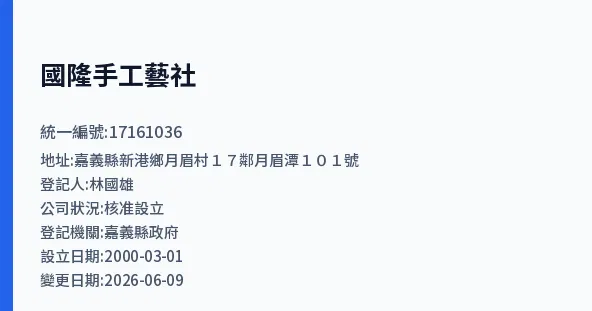 國隆手工藝社的照片-統編 17161036(嘉義縣) 公司登記資料與營業項目詳細圖表