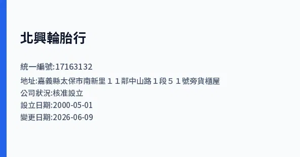 北興輪胎行的照片-統編 17163132(嘉義縣) 公司登記資料與營業項目詳細圖表