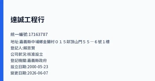 達誠工程行的照片-統編 17163787(嘉義縣) 公司登記資料與營業項目詳細圖表