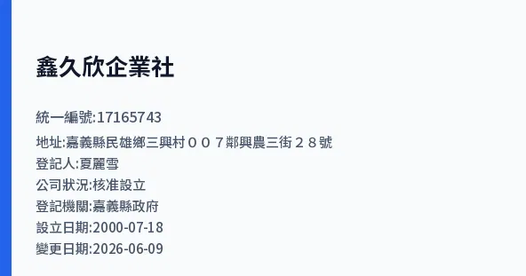 鑫久欣企業社的照片-統編 17165743(嘉義縣) 公司登記資料與營業項目詳細圖表