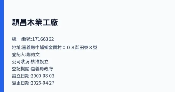 穎昌木業工廠的照片-統編 17166362(嘉義縣) 公司登記資料與營業項目詳細圖表